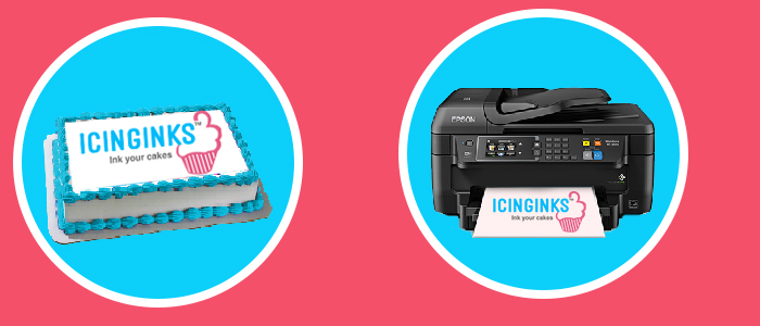 Image: A cake with a logo of Icinginks on its top and a printer